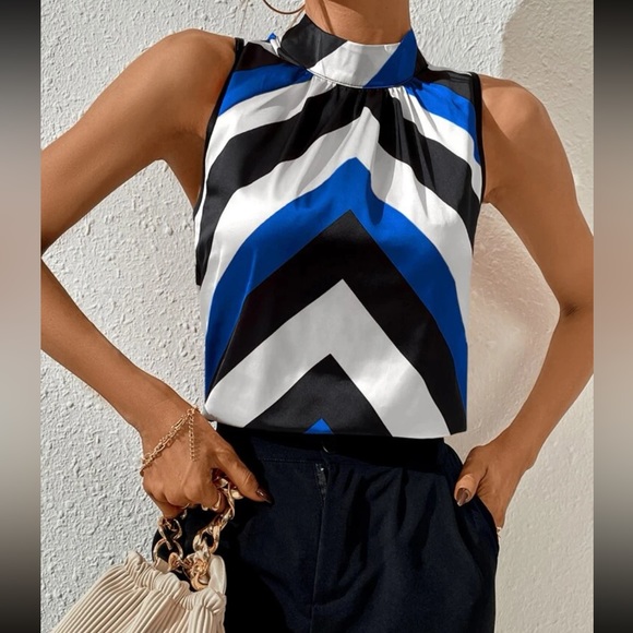 Tops | Luxe Chevron Pattern Tie Neck Sleeveless Blouse | Poshmark